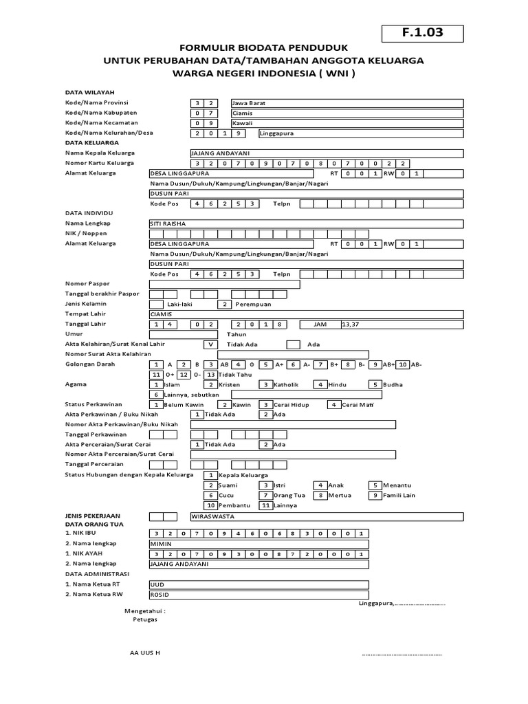 Formulir Biodata Penduduk F.1.03 | PDF