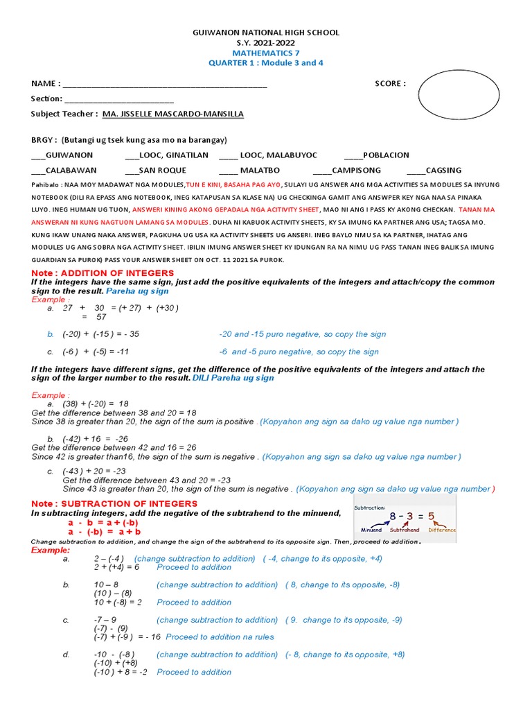 Math 7 Quarter 1 Week 3 and 4 | PDF | Subtraction | Numbers