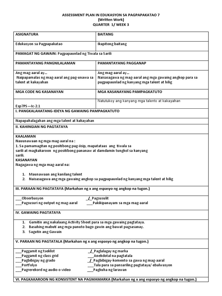 ASSESSMENT PLAN IN ESP First Grading | PDF