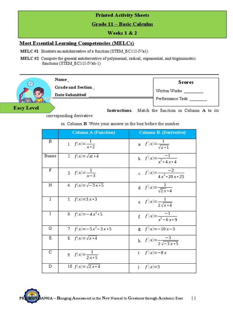 Printed Activity Sheets Grade 11 - Basic Calculus Weeks 1 & 2 | PDF | Integral | Derivative