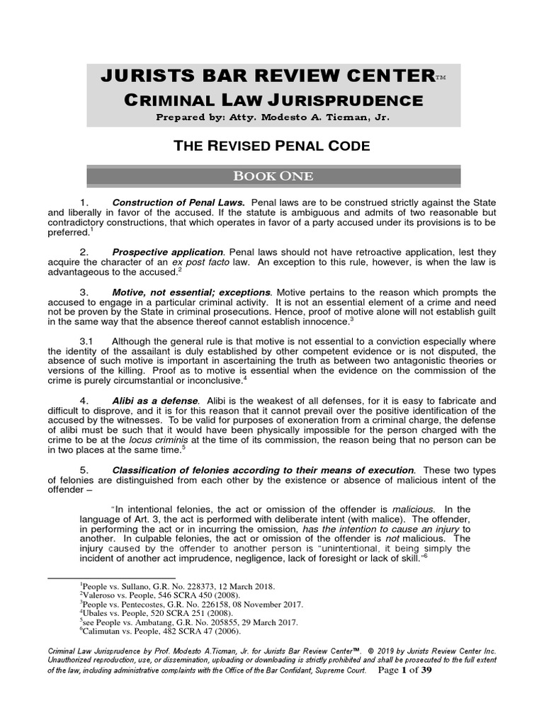 Criminal Law Jurisprudence 2019 by Prof. Modesto Ticman, Jr. | PDF ...