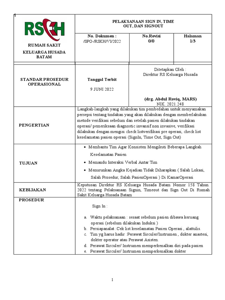 Sop Sign In, Sign Out, Time Out Penandaan Operasi | PDF