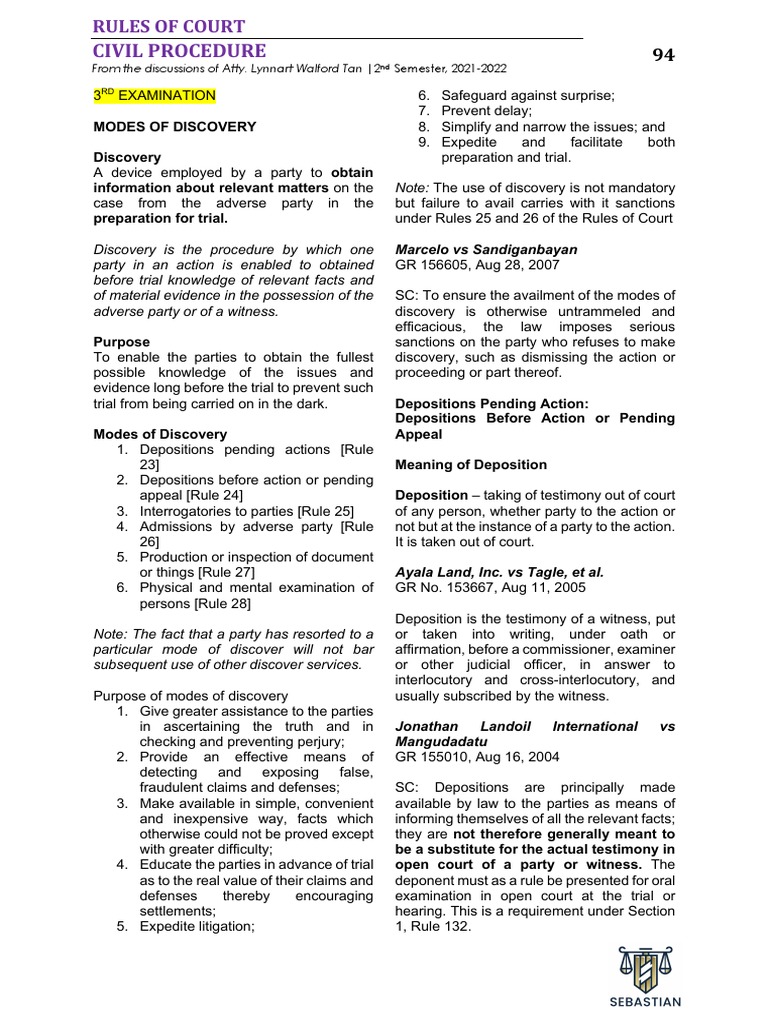 Civil Procedure Discovery Rules | PDF | Deposition (Law) | Discovery (Law)