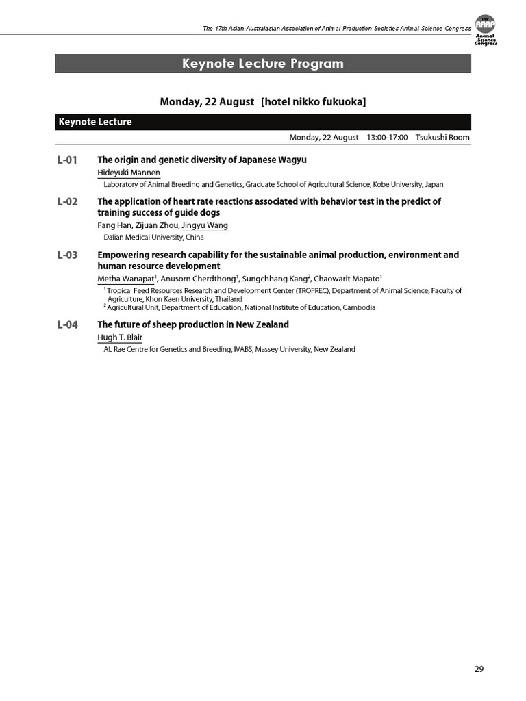 Keynote Lecture Program: Monday, 22 August (Hotel Nikko Fukuoka) | PDF | Cattle | Dietary ...