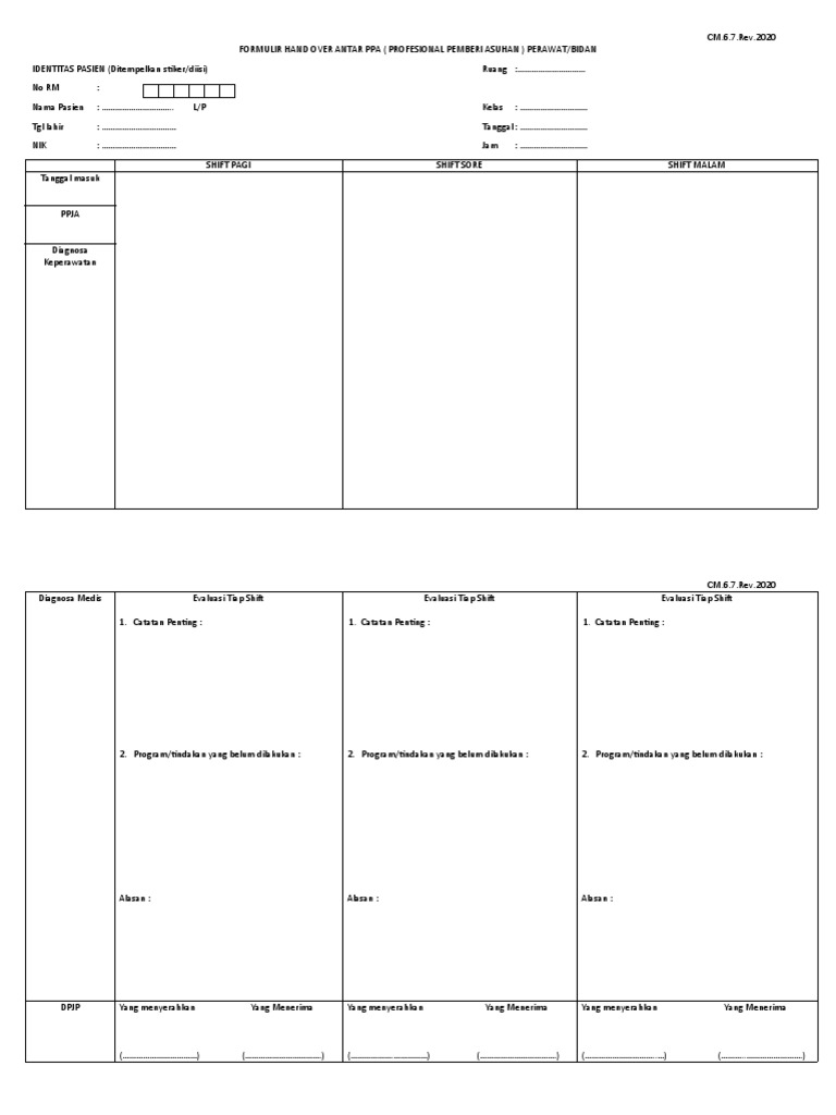 FORMULIR HAND OVER ANTAR PPA (PROFESIONAL PEMBERI ASUHAN) PERAWAT/BIDAN ...