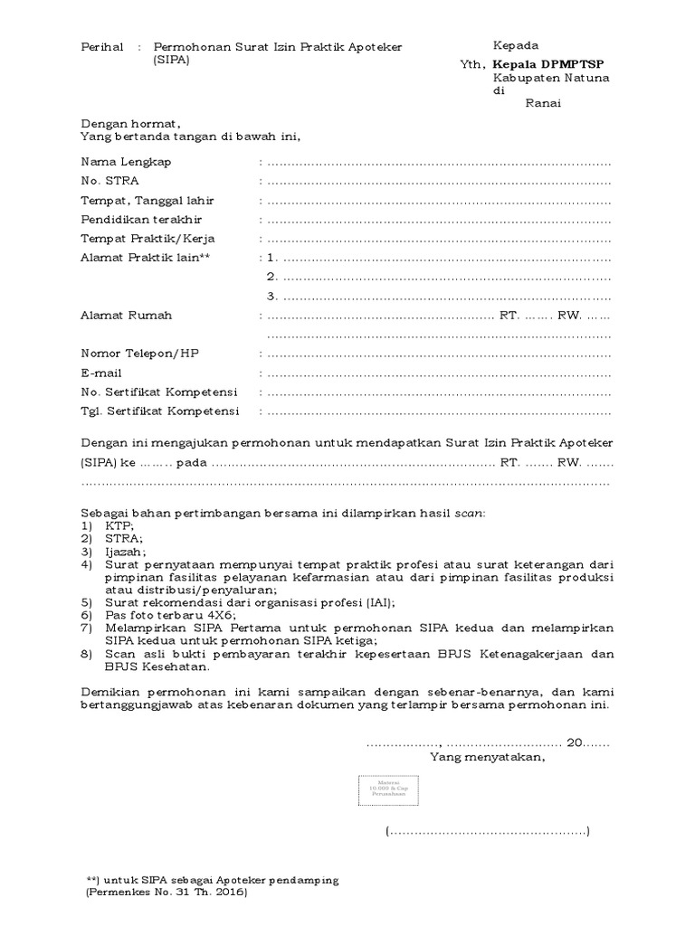 Formulir Permohonan Surat Izin Praktik Apoteker (Sipa) | PDF
