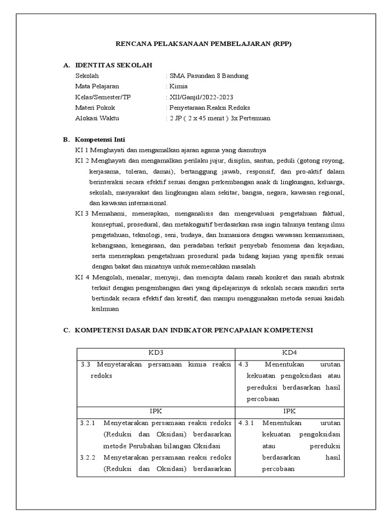 RPP KD 3.3 Penyetaraan Redoks | PDF
