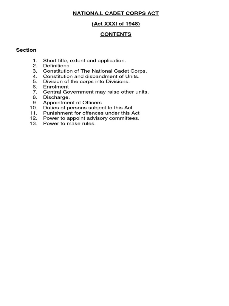 National Cadet Corps Act 1948 Summary | PDF | Commander In Chief ...