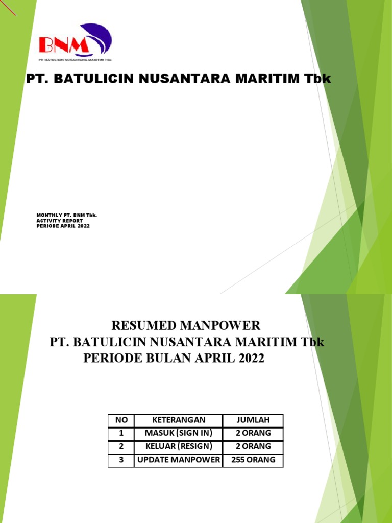 Pt. Batulicin Nusantara Maritim TBK: Monthly Pt. BNM Tbk. Activity Report Periode April 2022 ...