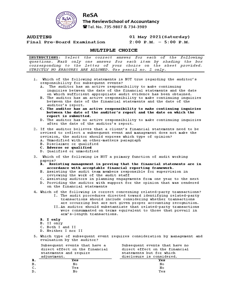 AUD B41 Final Pre-Board Exam (Questions - Answers) | PDF | Financial Audit | Audit