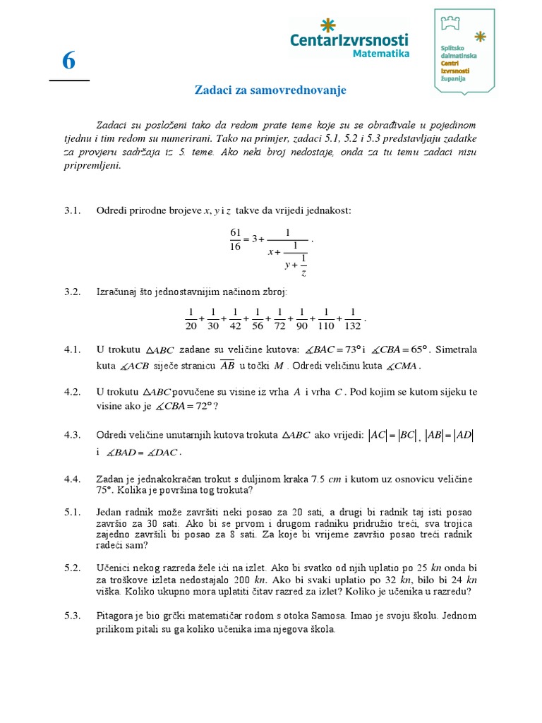 Zadaci Za Samovrednovanje - 6. Razred | PDF
