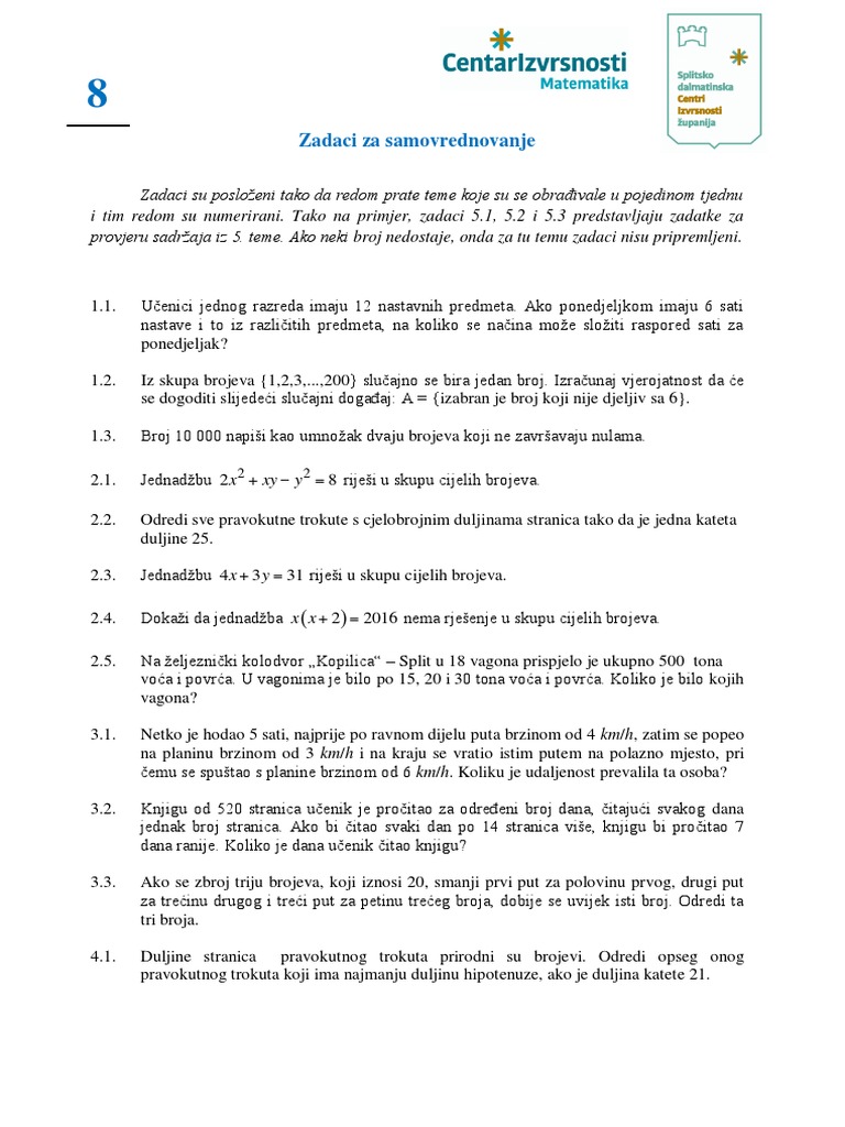 Zadaci Za Samovrednovanje - 8. Razred | PDF