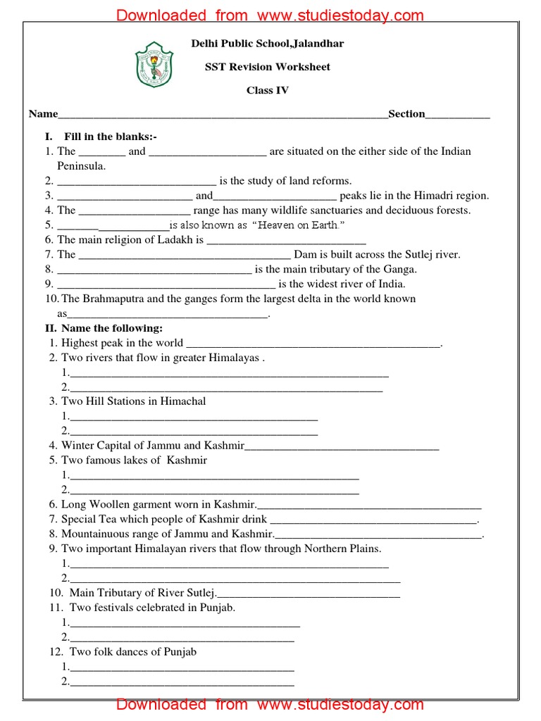 CBSE Class 4 Social Studies Worksheet - Revision | PDF | Himalayas