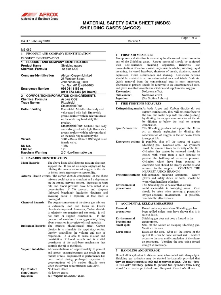 Material Safety Data Sheet (MSDS) Shielding Gases (Ar/Co2) | Download Free PDF | Carbon Dioxide ...
