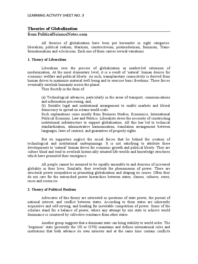 Learning Activity Sheet No. 3 | PDF | Globalization | Marxism
