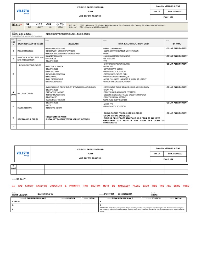 Jsa Disconnect and Run Cables | PDF | Safety | Working Conditions
