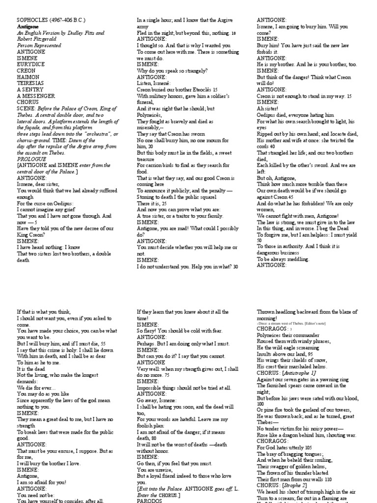 Antigone Full Text Fitzgerald with Reading Journal Questions | PDF ...