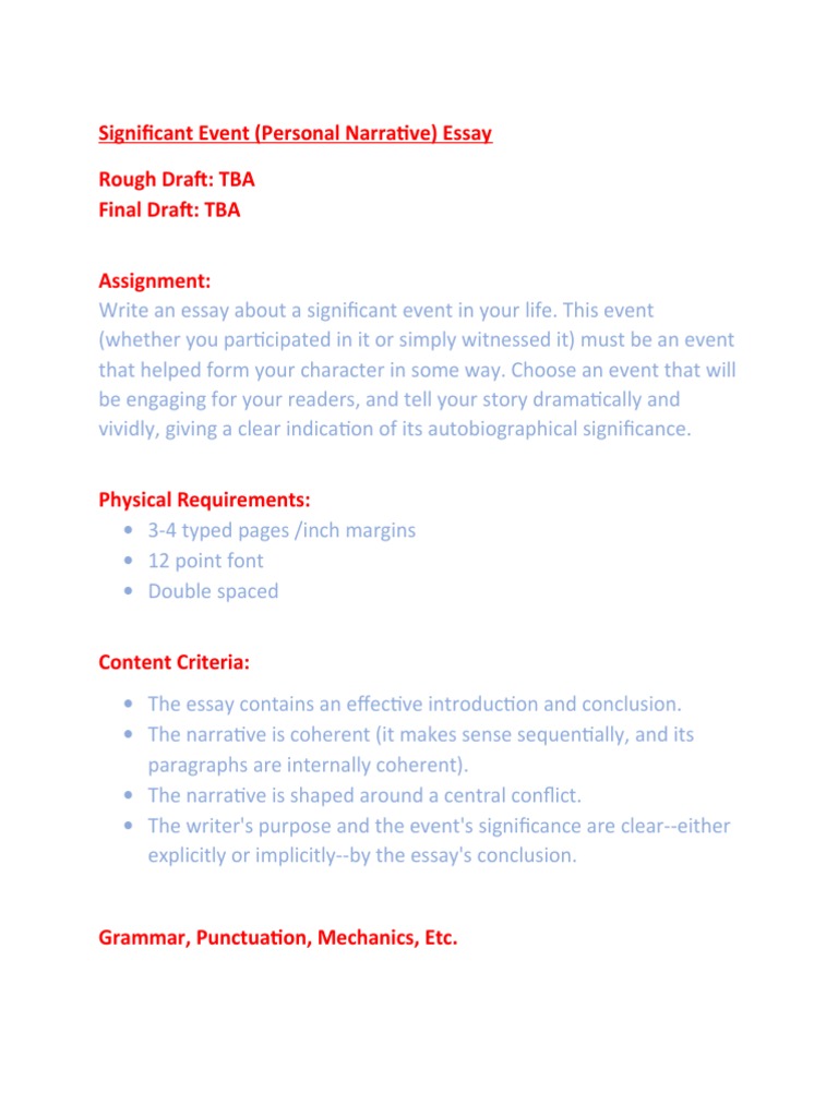 Significant Event (Personal Narrative) Essay Rough Draft: TBA Final Draft: TBA Assignment | PDF ...