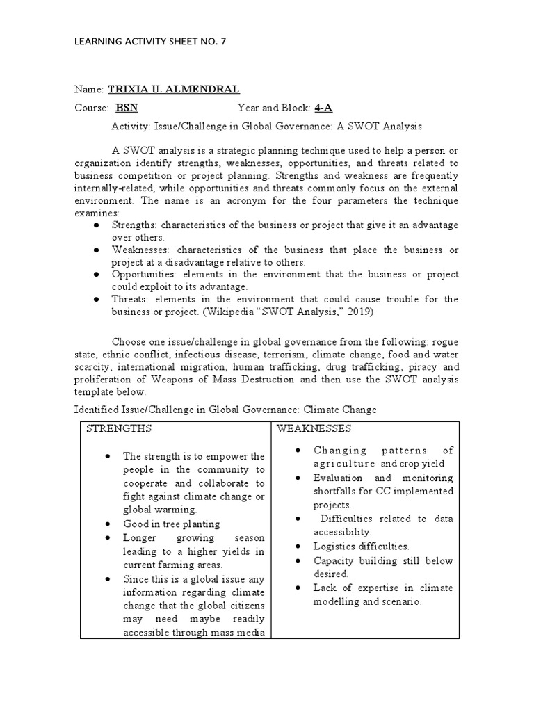 Learning Activity Sheet No. 7 | PDF | Swot Analysis | Climate Change