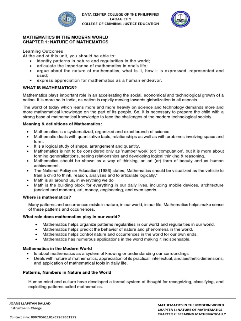 Joane Llapitan Ballad Mathematics in The Modern World Chapter 1: Nature of Mathematics Chapter 2 ...