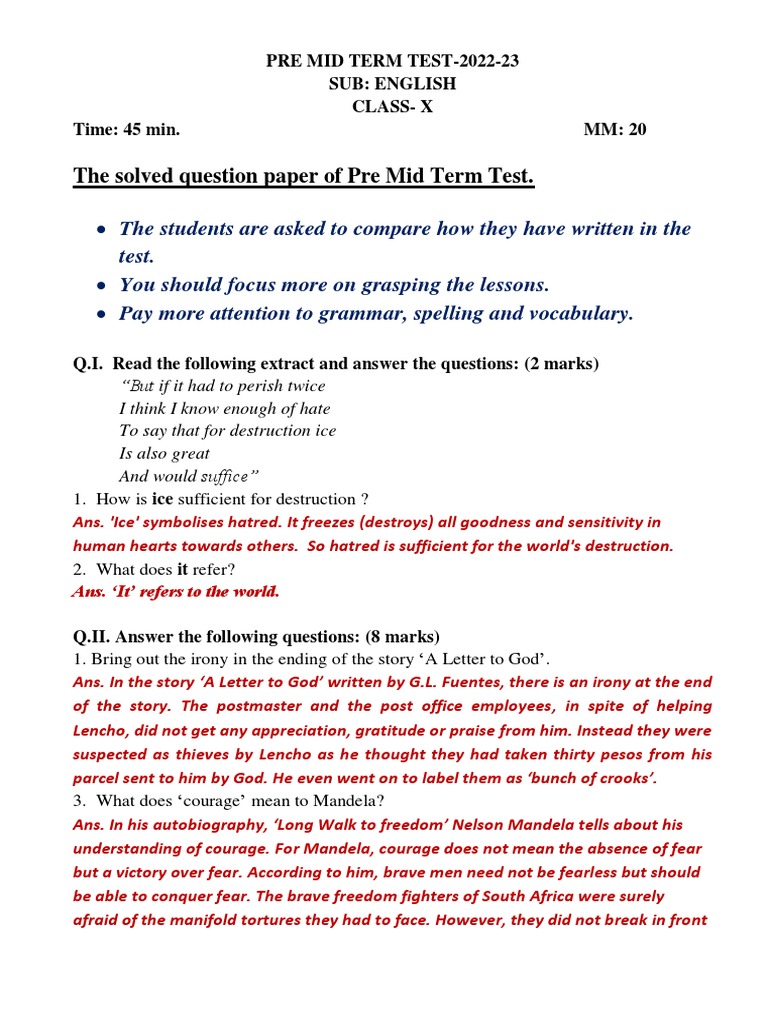 Pre Mid Term Test - Class X (2022-23 Qa | PDF