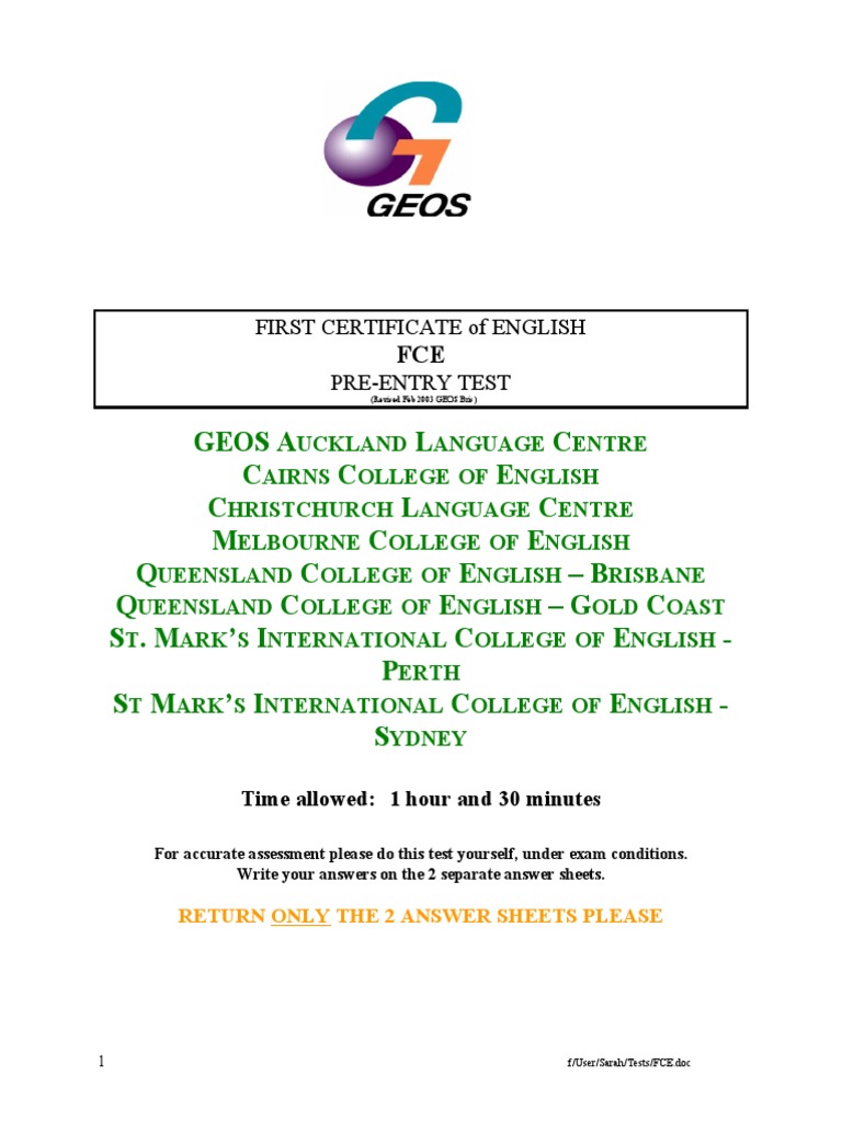 FCE Pre-Entry Test for English Proficiency | PDF