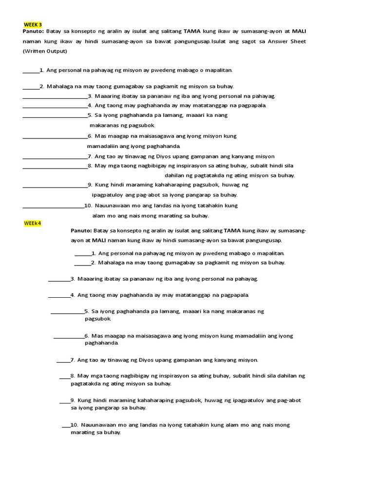 Answer Sheet Grade 7 Week 3 and 4 | PDF