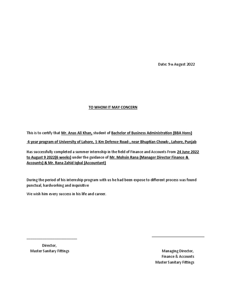 Master Internship Experience Letter Anas Ali Khan | PDF | Career ...