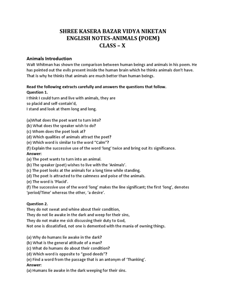 Shree Kasera Bazar Vidya Niketan English Notes-Animals (Poem) Class - X ...