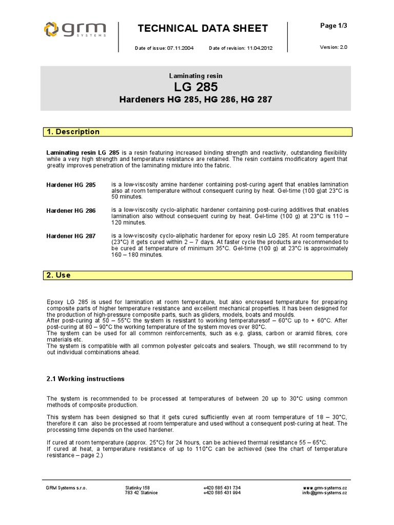 Resina - TDS - LG 285 + HG 285, 286, 287 - Version 2012 - Finish | PDF | Epoxy | Lamination