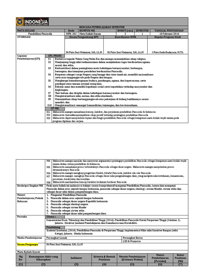 Pendidikan Pancasila: RPS Semester 1 | PDF