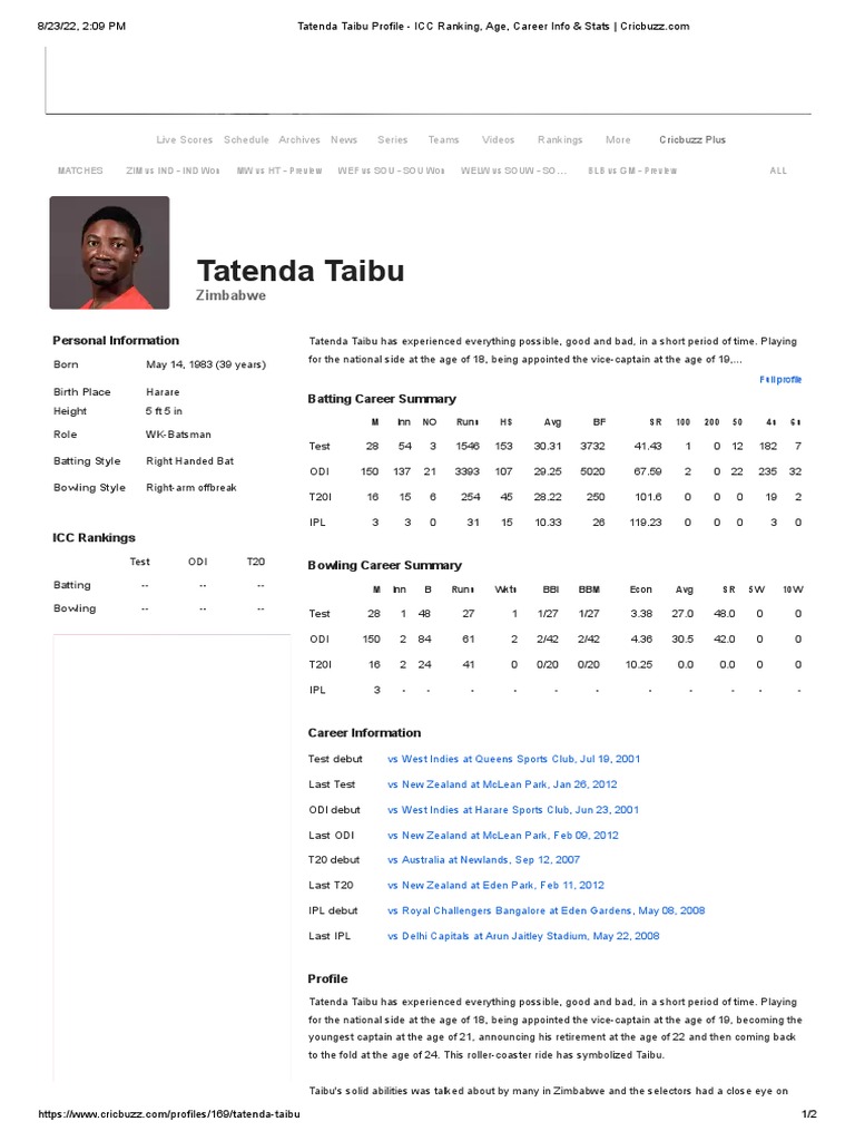 Tatenda Taibu Profile - ICC Ranking, Age, Career Info & Stats | PDF ...