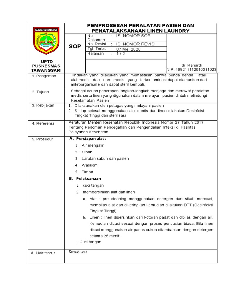 I. SOP Pemprosesan Peralatan Ps Dan Penatalaksanaan Linen Dan Laundry | PDF