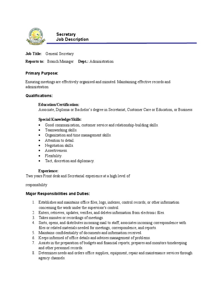 Job Description Secretary | PDF | Business