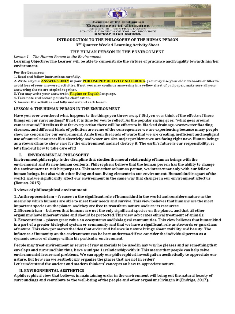 Lesson 1 - The Human Person in The Environment | PDF | Sustainability ...