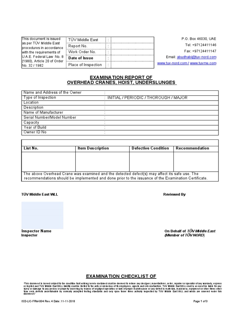 ISD-LIC-FRM-004 Overhead Crane | PDF | Legal Liability | Crane (Machine)