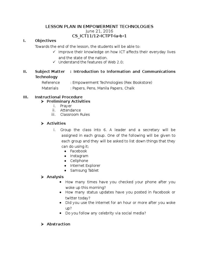 Lesson Plan in Empowerment Technologies CS - ICT11/12-ICTPT-Ia-b-1 | PDF | Educational ...