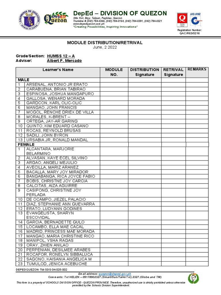 Deped - Division of Quezon: Module Distribution/Retrival | PDF