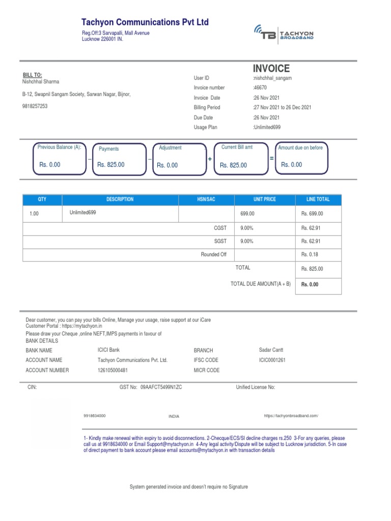 Tachyon Communications PVT LTD: Invoice | Download Free PDF | Payments ...