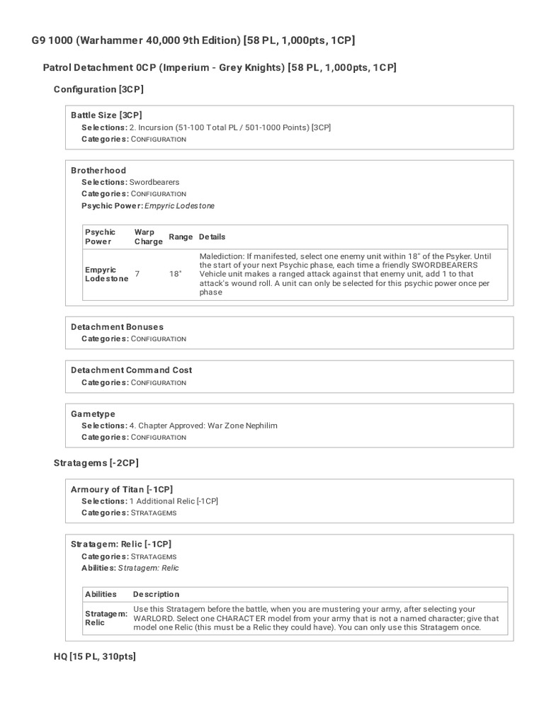 G9 1000 (Warhammer 40,000 9th Edition) (58 PL, 1,000pts, 1CP) | PDF | Military Science | Military