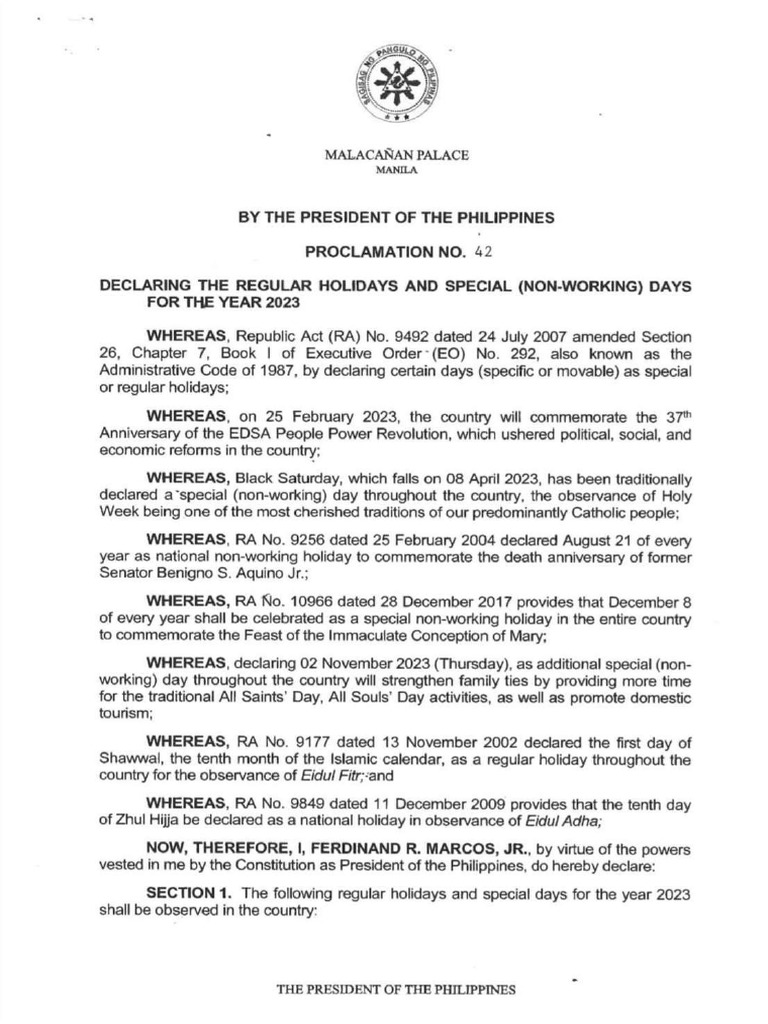 Proclamation 42 Holidays 2023 | PDF