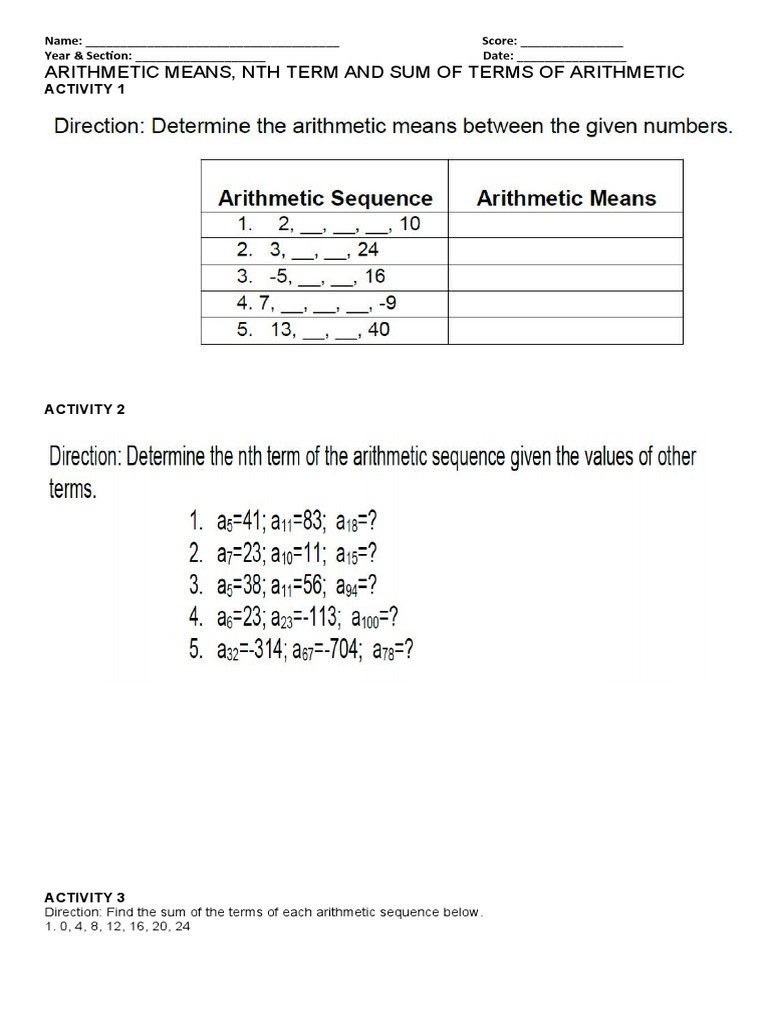 Q1-3-Arithmetic Means, NTH Term and Sum of Terms of Arithmetic | PDF | Computers