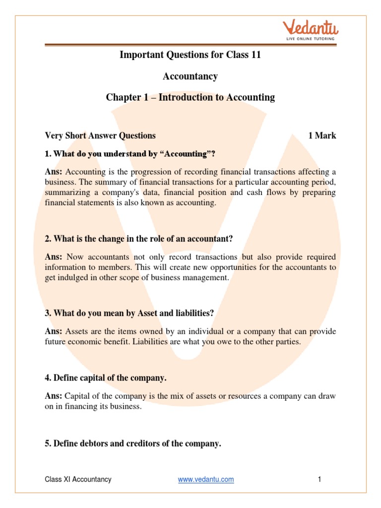 Important Questions For CBSE Class 11 Accountancy Chapter 1 ...