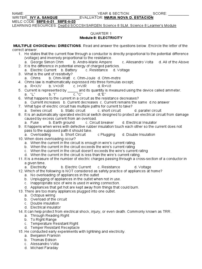 Science 8 Q1 Module 8 Electricity | PDF | Electrical Resistance And ...