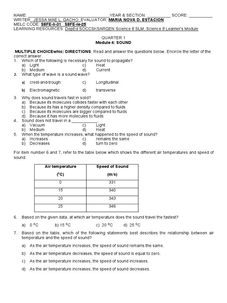 SCIENCE 8 Q1 Module 4 Sound | PDF | Sound | Waves