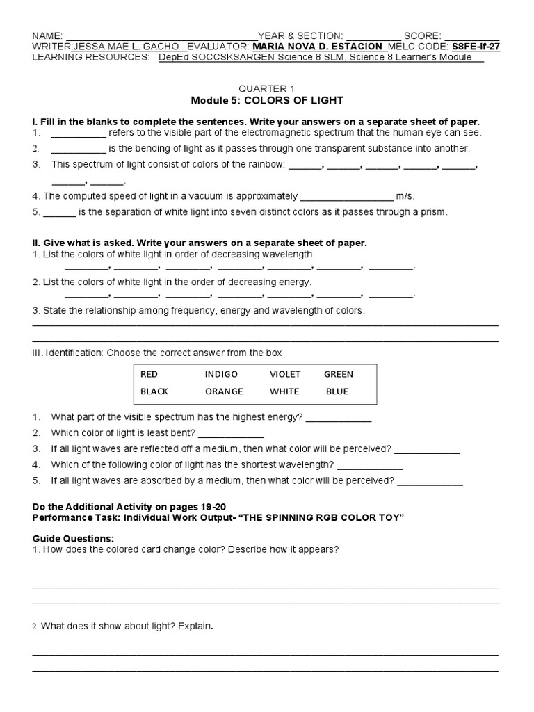 SCIENCE 8 Q1 Module 5 Colors of Light | PDF | Color | Light