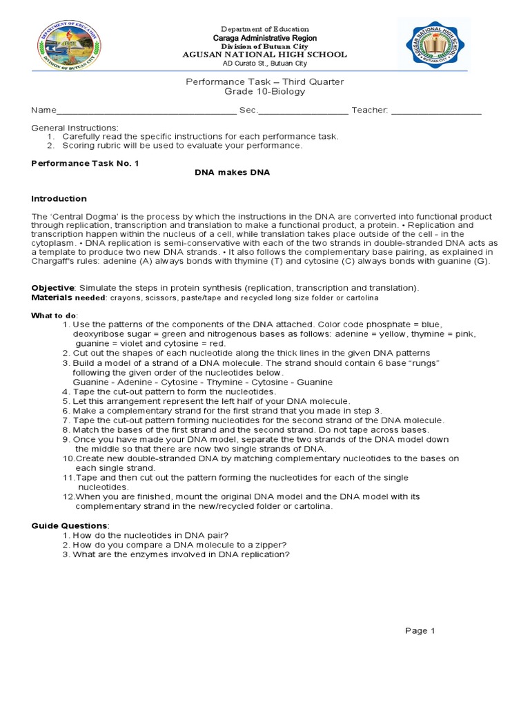 Performance Task - Third Quarter Grade 10-Biology: Agusan National High ...