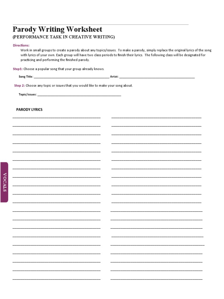 Parody Writing Worksheet Performance Task In Creative Writing PDF