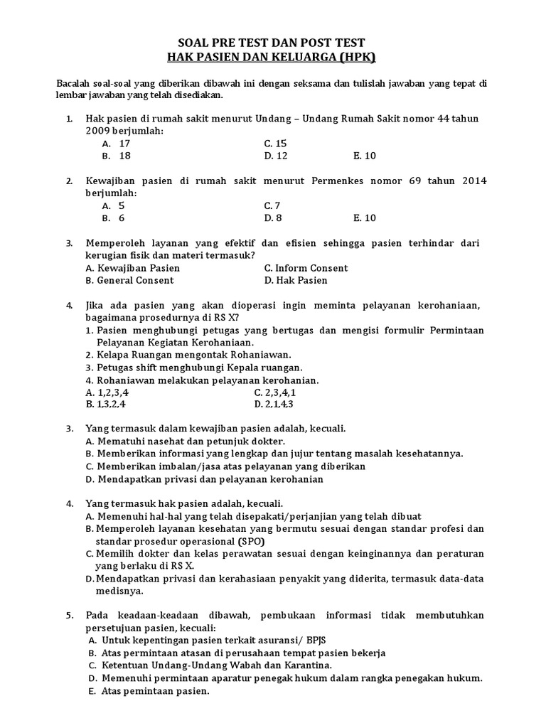 Soal Pre Test Hak Pasien dan Keluarga | PDF | Hukum