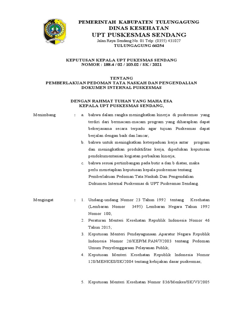 SK Pemberlakuan Pedoman Tata Naskah Dan Pengendalian Dokumen Internal Puskesmas | PDF